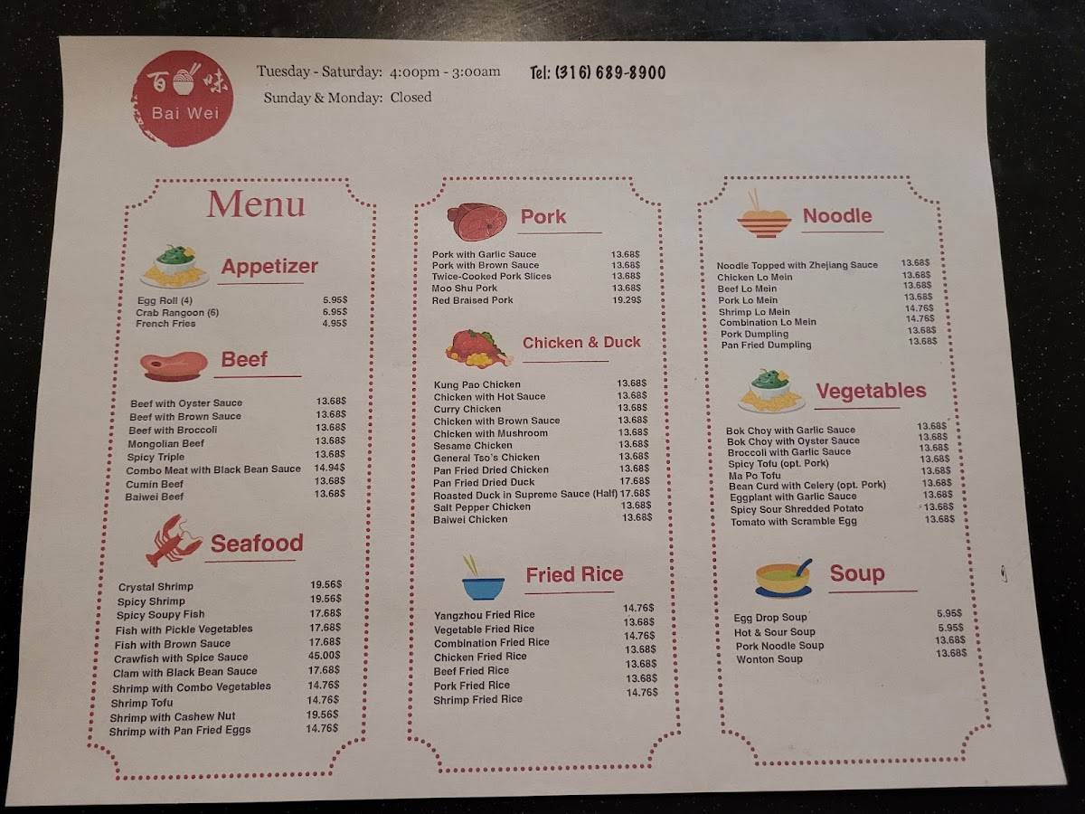 Menu at Bai Wei Asian Diner restaurant, Wichita
