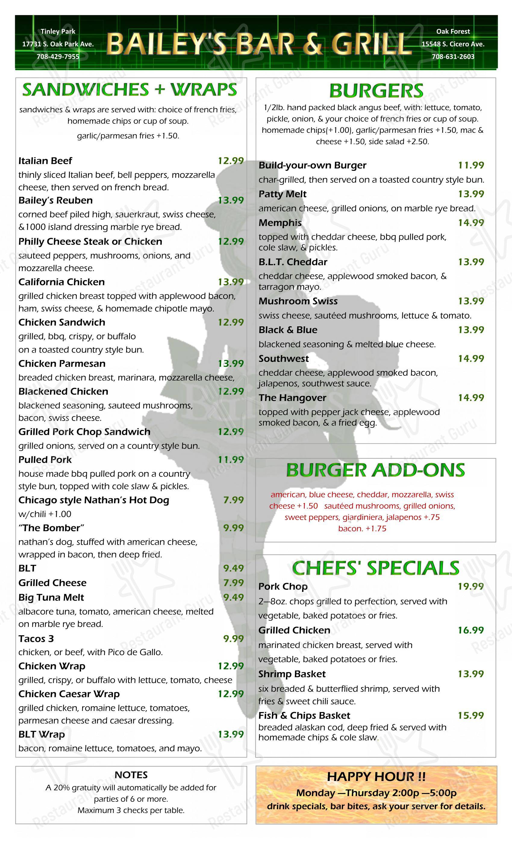 Menu at Bailey's Restaurant & Bar, Tinley Park