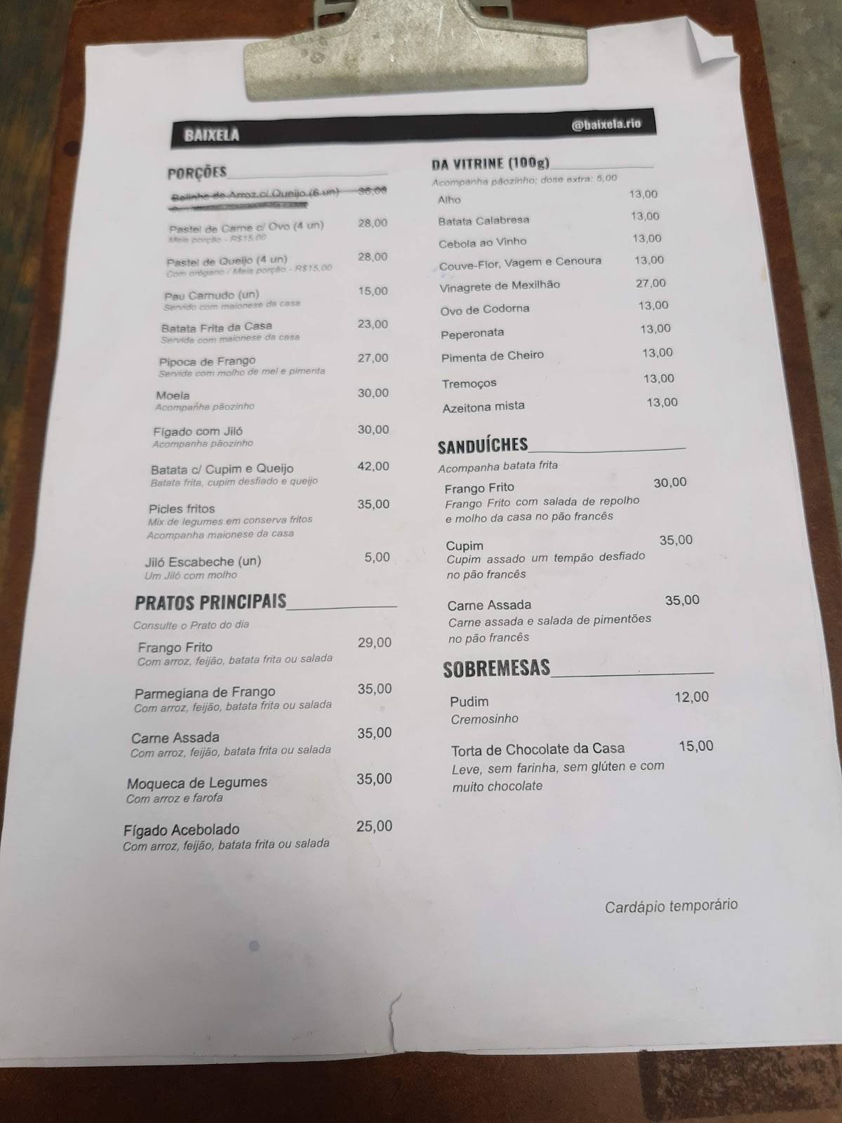 Menu at Baixela restaurant, Rio de Janeiro