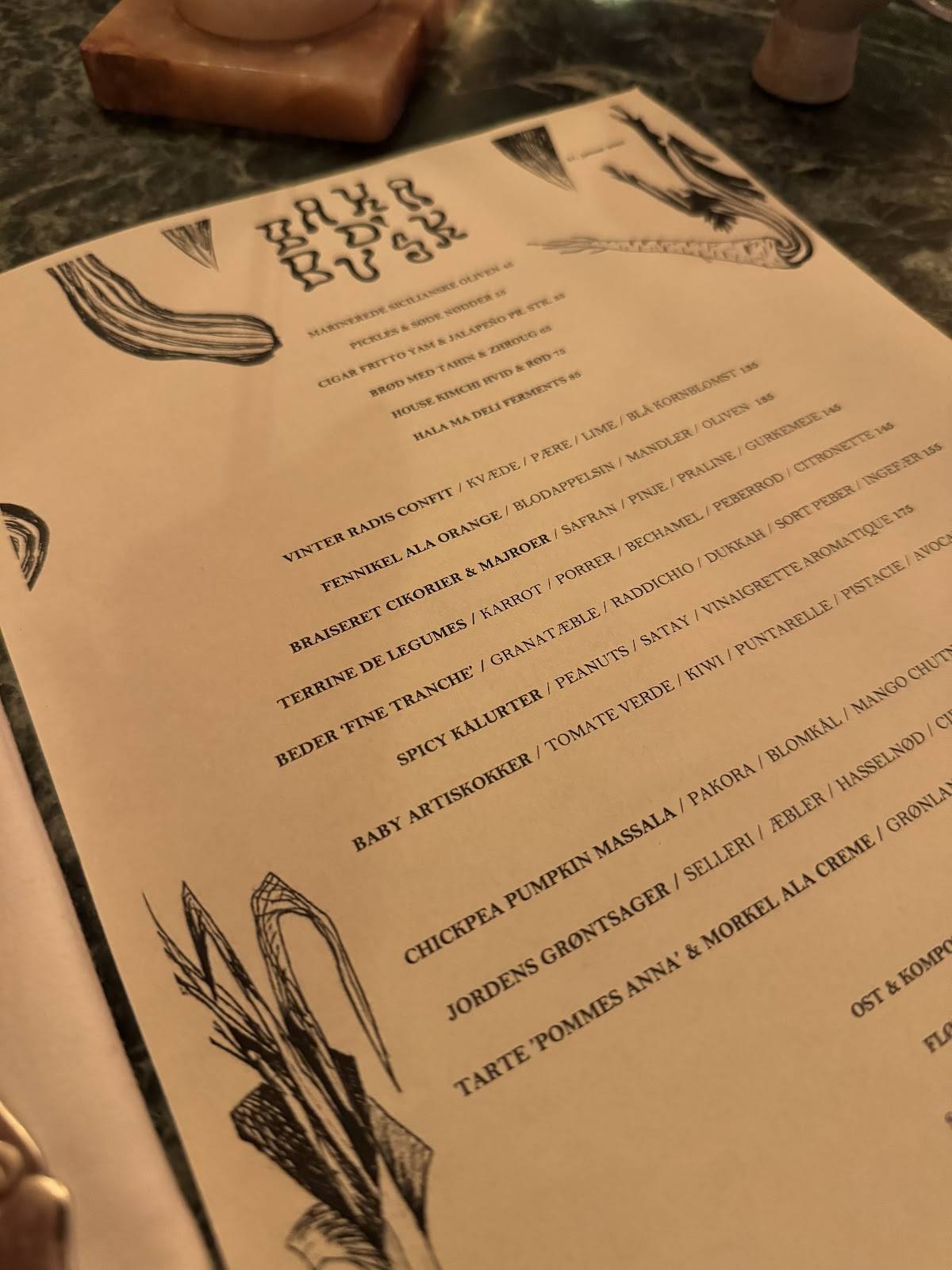 Menu at Baka d' Busk restaurant, Copenhagen