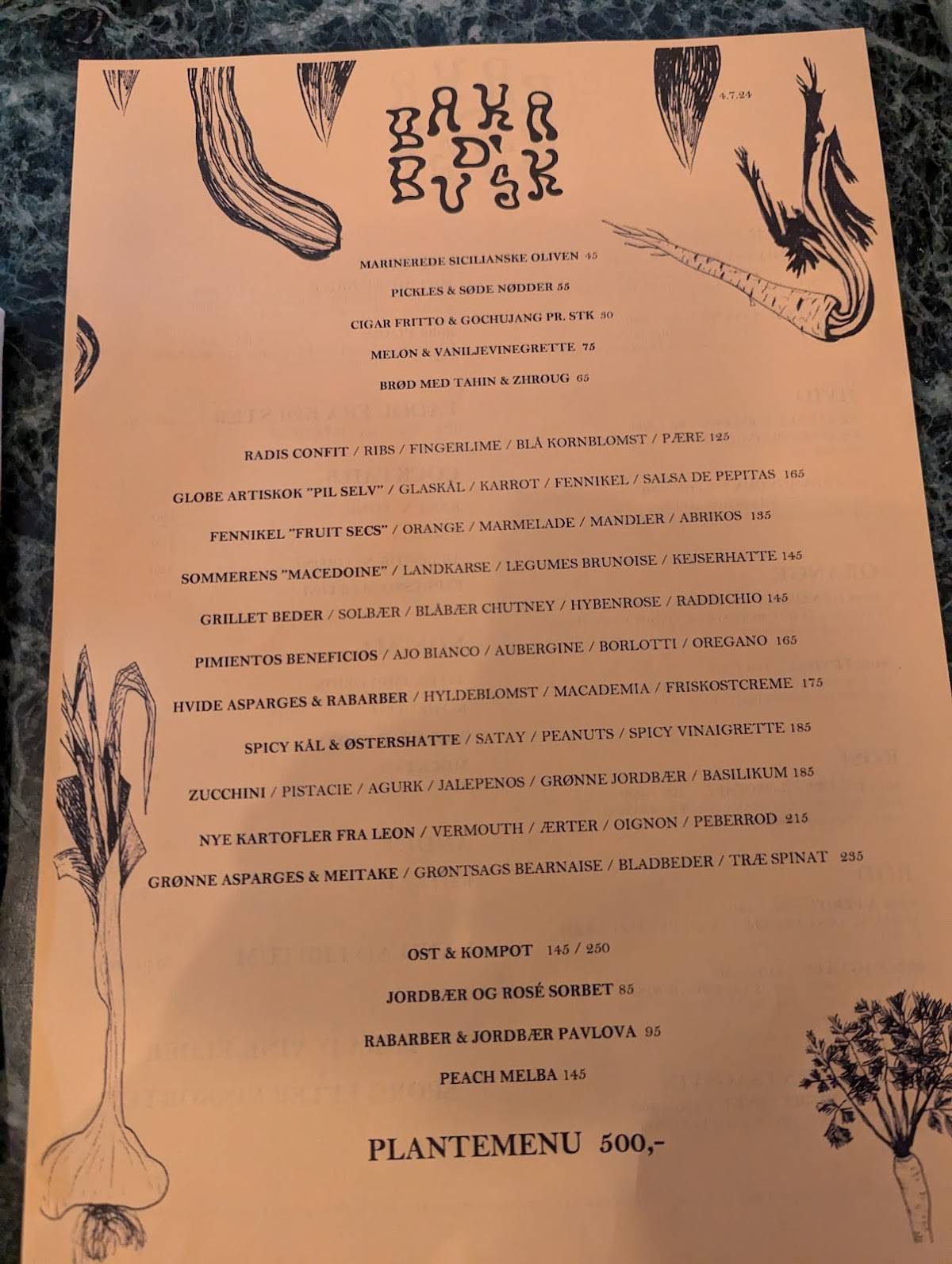 Menu at Baka d' Busk restaurant, Copenhagen