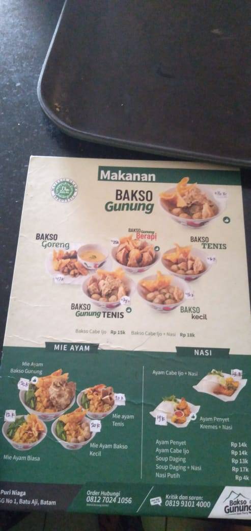 Menu at Bakso Gunung Genta restaurant, Batam, Blok GG - No. 1 Ruko Puri ...