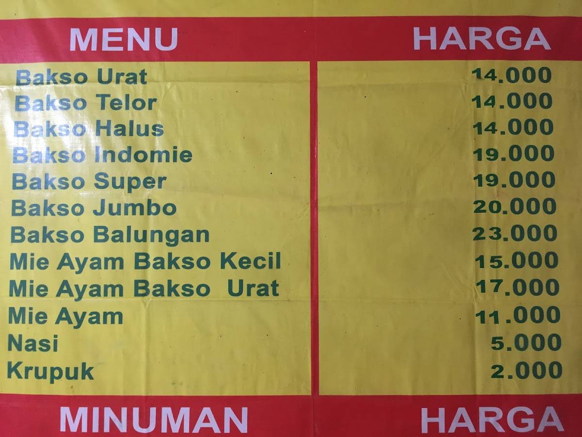 Carta del restaurante Bakso Prima Solo, Yakarta Oriental