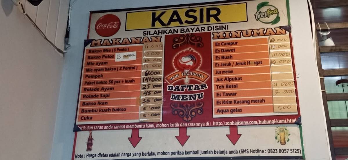 Menu at Bakso Sonhaji Sony - Raden Intan restaurant, Bandar Lampung