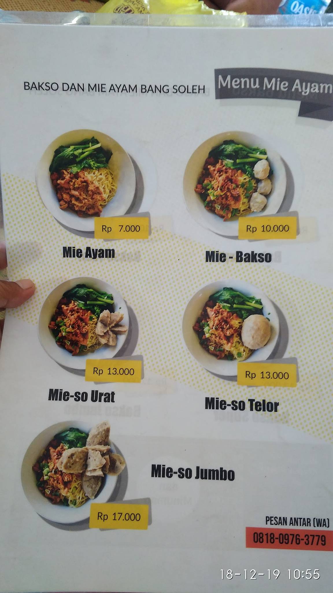 Menu at Bakso dan Mie Ayam Bang Soleh restaurant, Surakarta