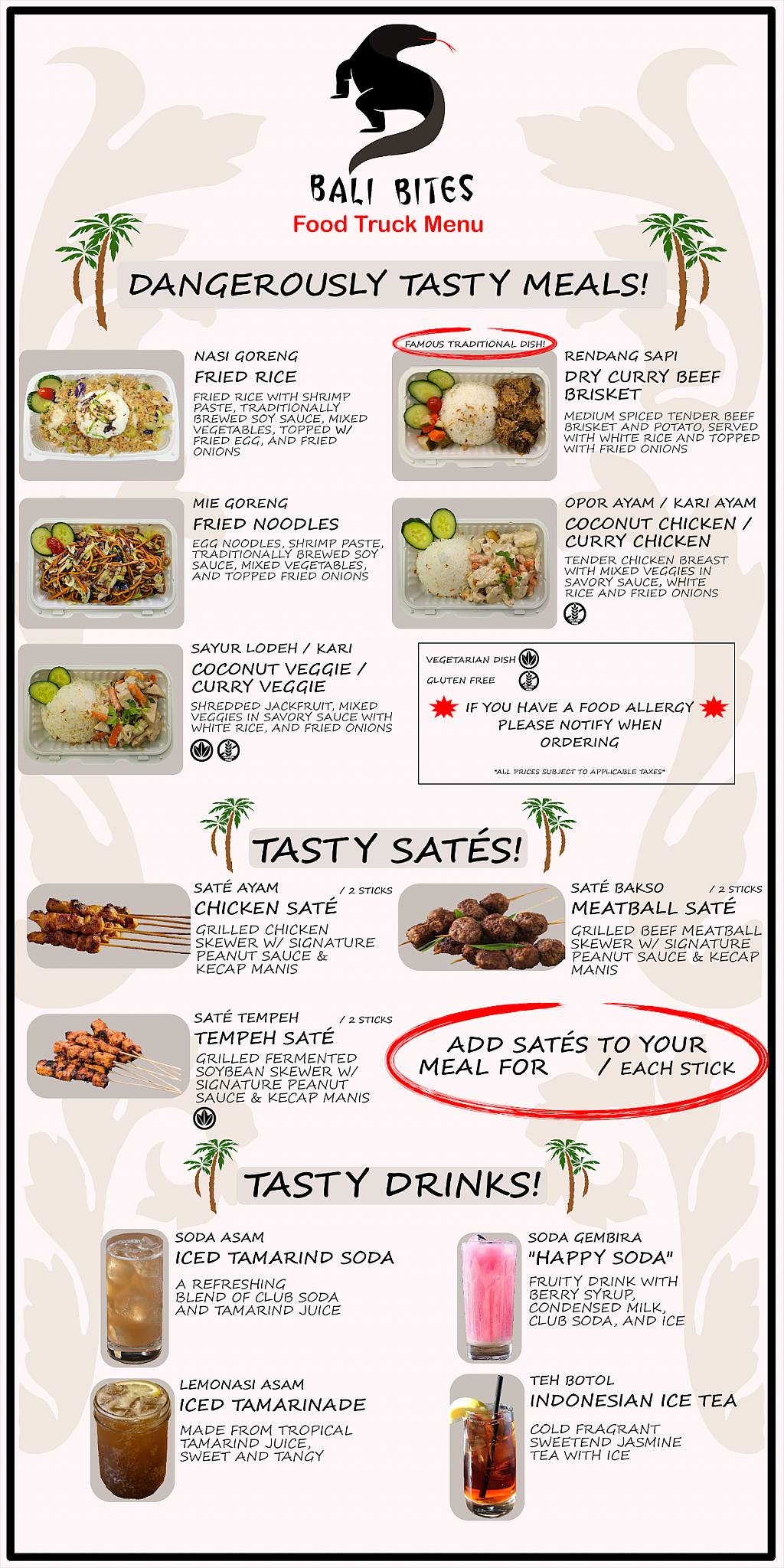 Menu at Bali Bites Food Truck restaurant, Vancouver