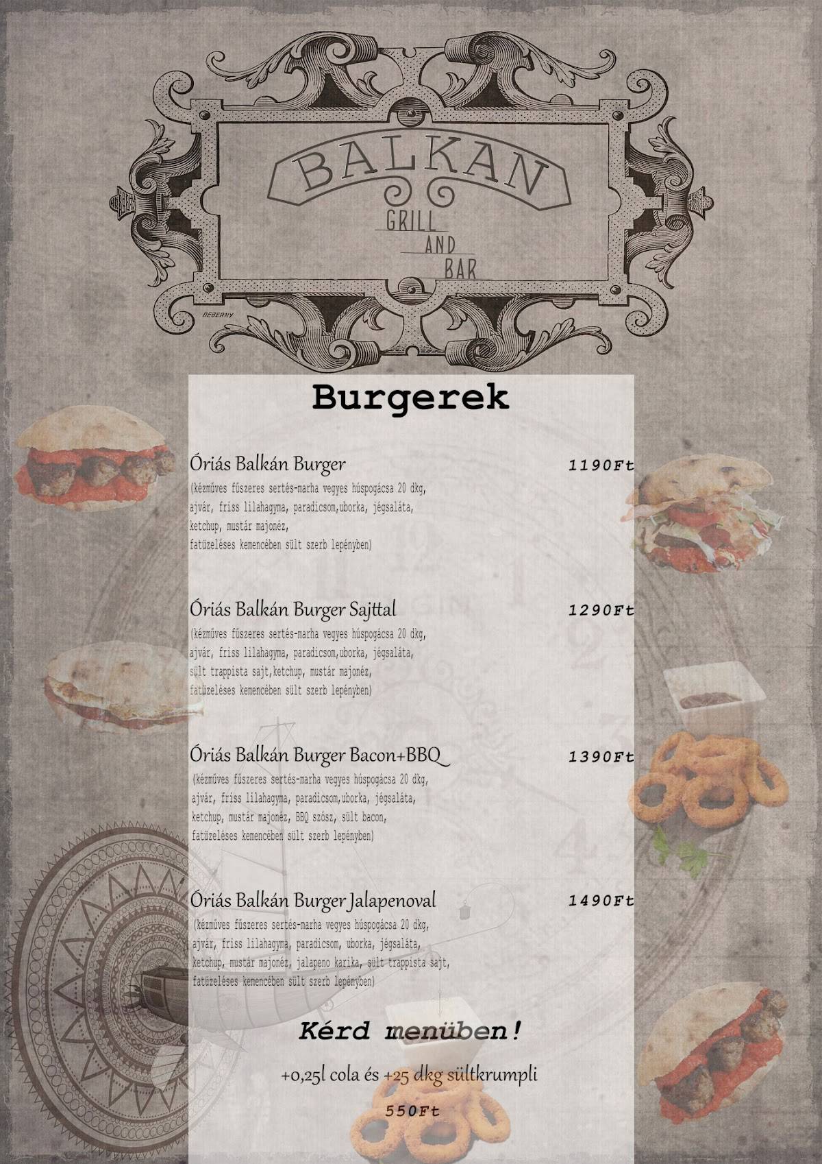 Menu at Balkan Grill & Bar, Budapest