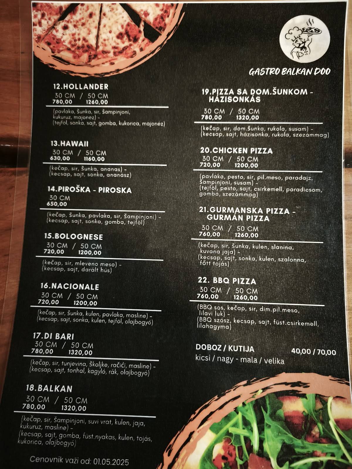 Menu at Balkan restaurant, Kanjiža