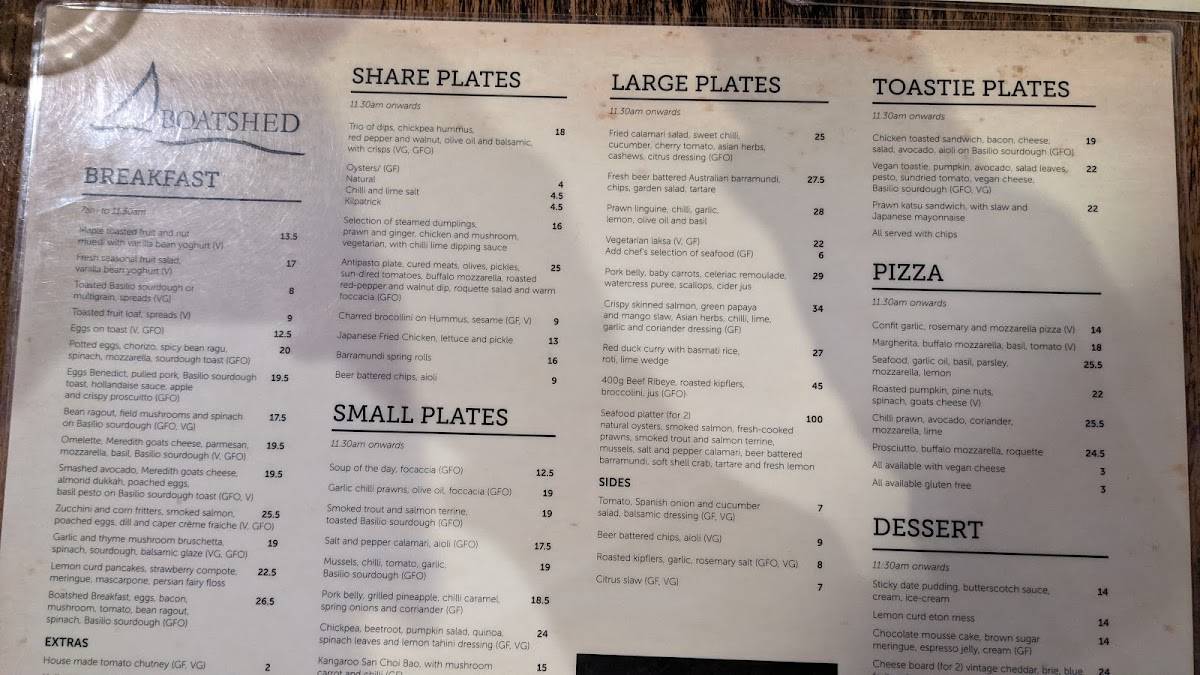 Menu at Boatshed Restaurant, Lake Wendouree, 27A Lake Wendouree Foreshore