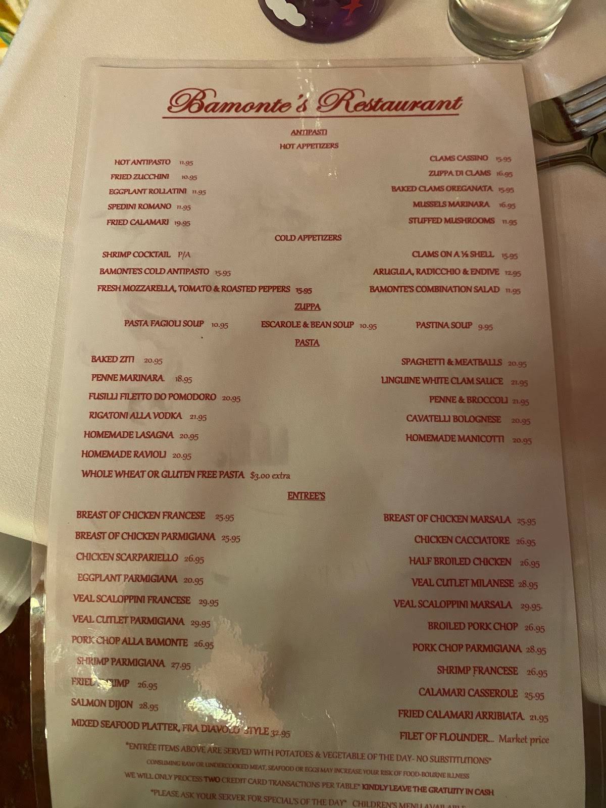 Menu at Bamonte's restaurant, New York City