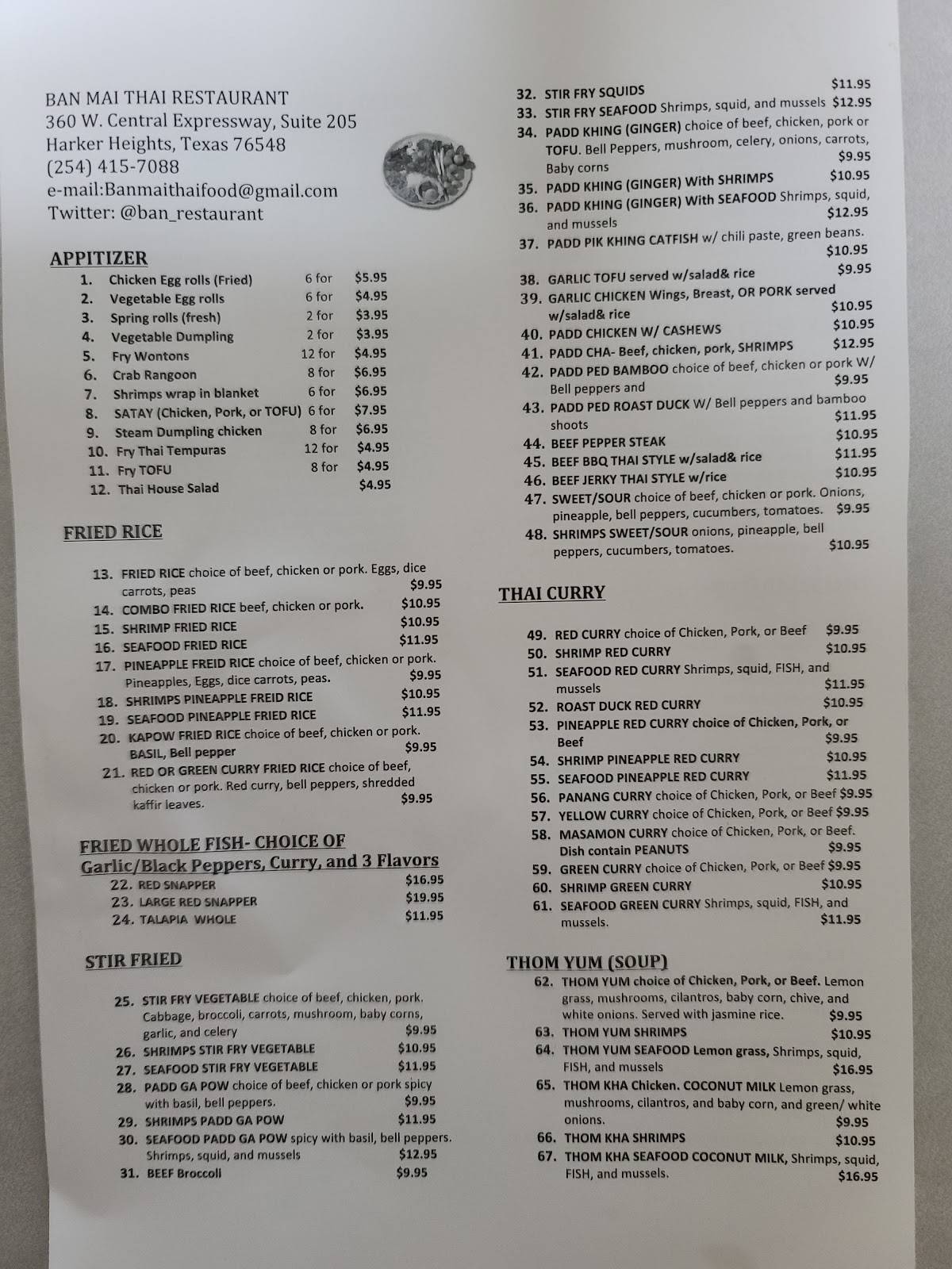 Menu at Ban Mai Thai Restaurant, Harker Heights