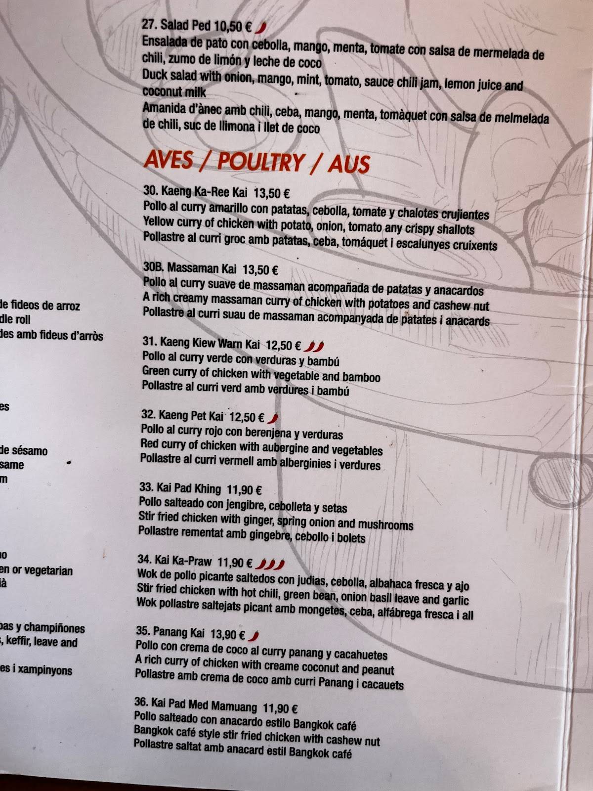 Carta de Bangkok Cafe, Barcelona