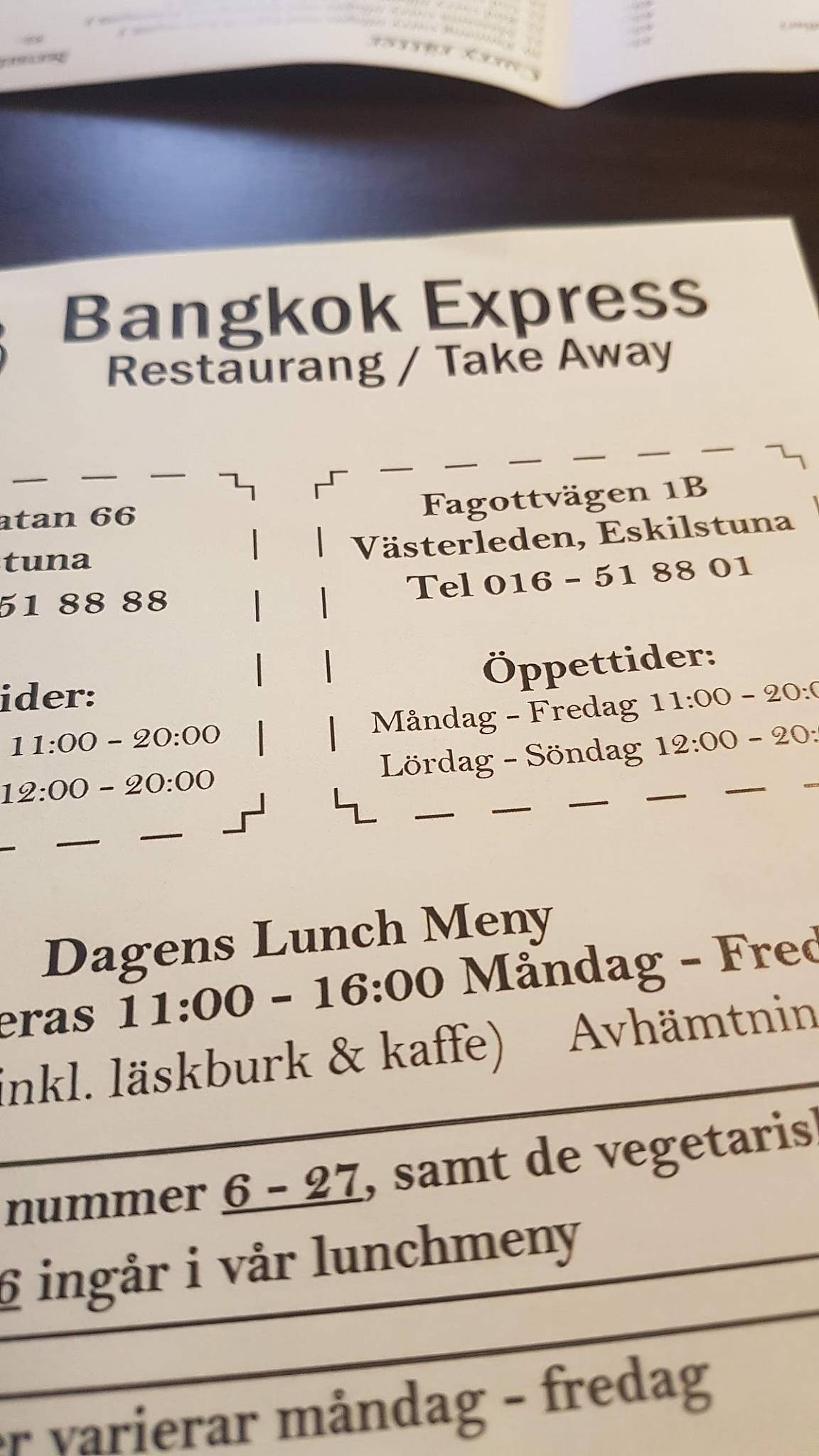 Menu at Bangkok Express Västerleden restaurant, Eskilstuna, Fagottvägen 1B