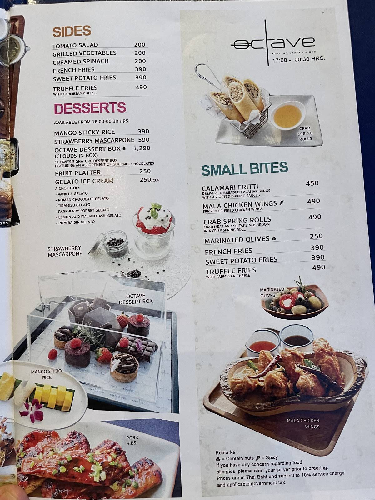 Menu at Octave Rooftop Lounge & Bar, Bangkok