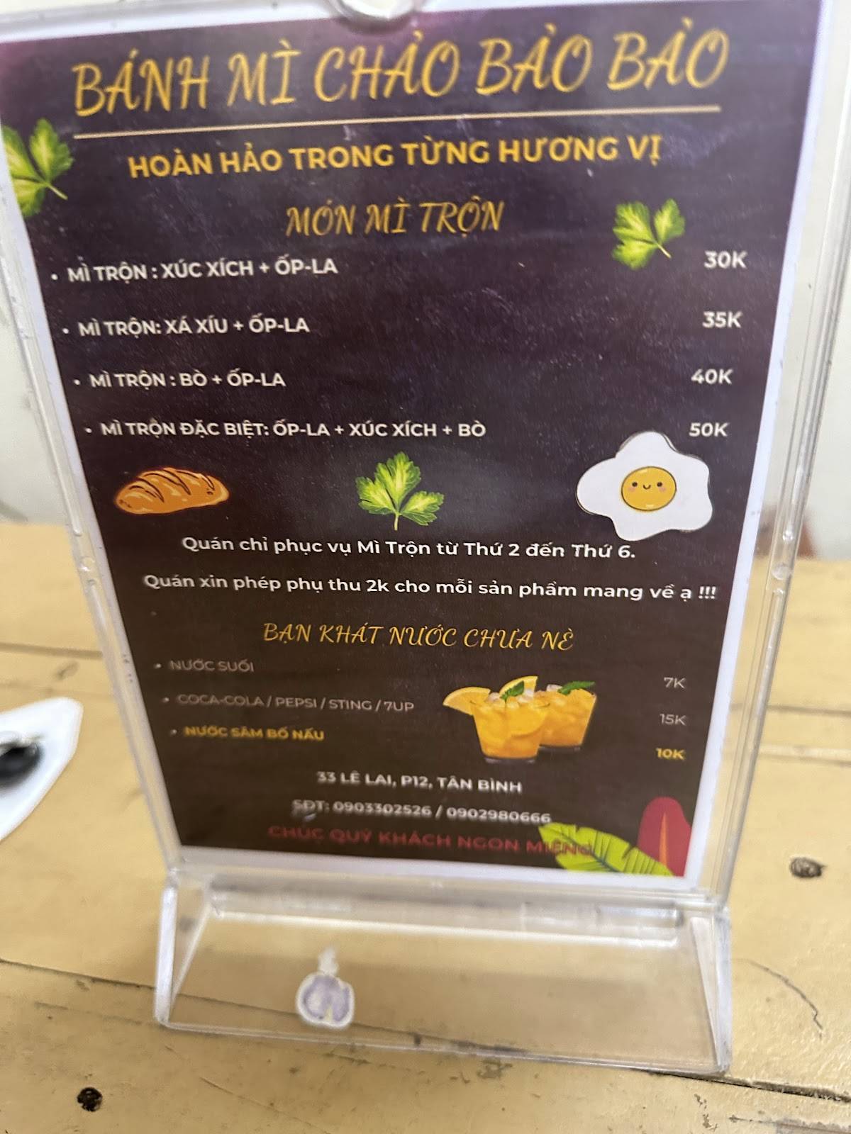 Menu at Bánh mì chảo Bảo Bảo restaurant, Ho Chi Minh City