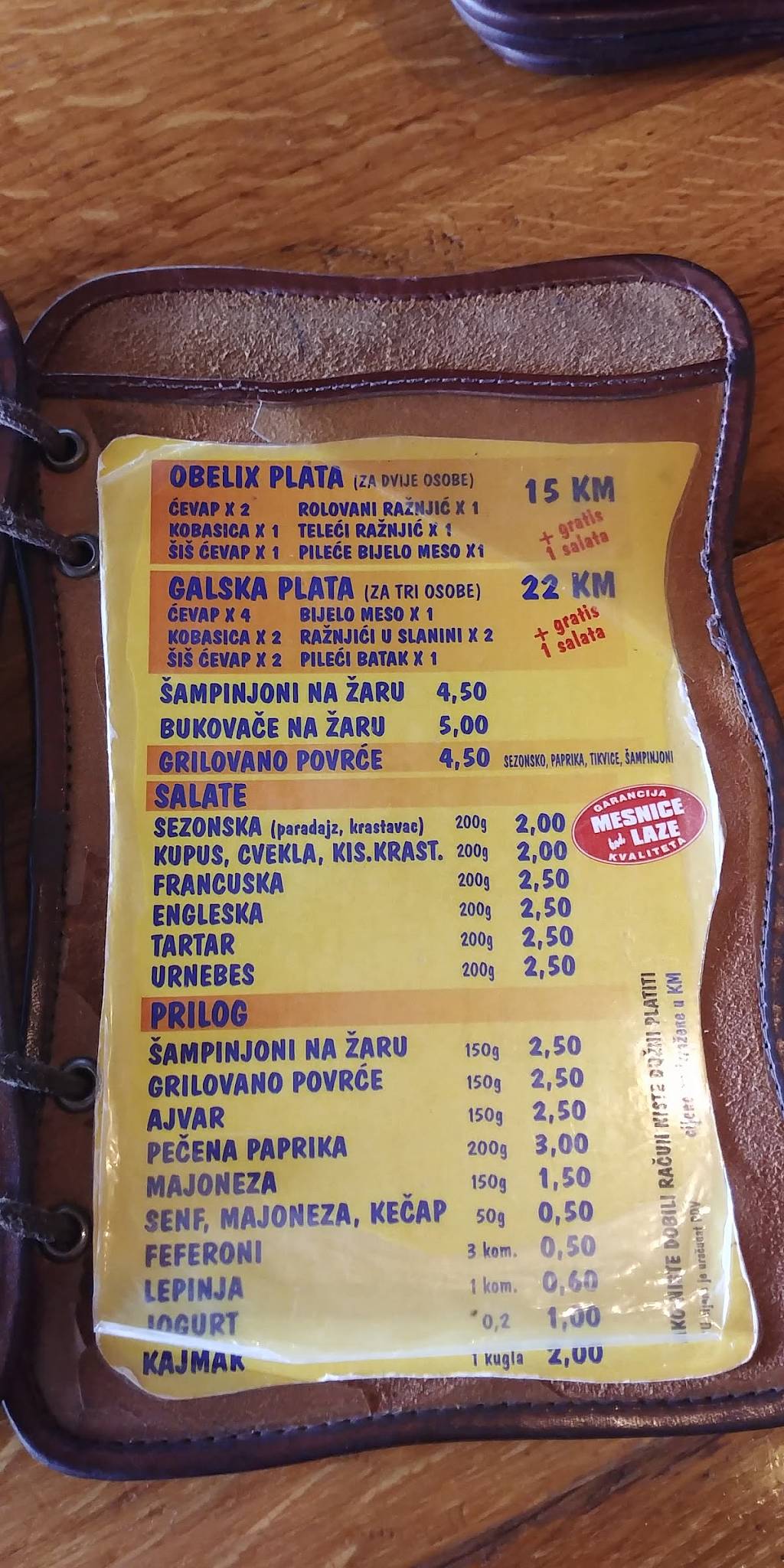 Menu at Obelix restaurant, Banja Luka
