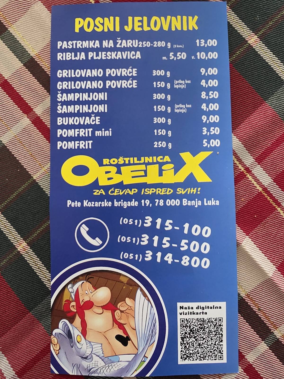 Menu at Obelix restaurant, Banja Luka