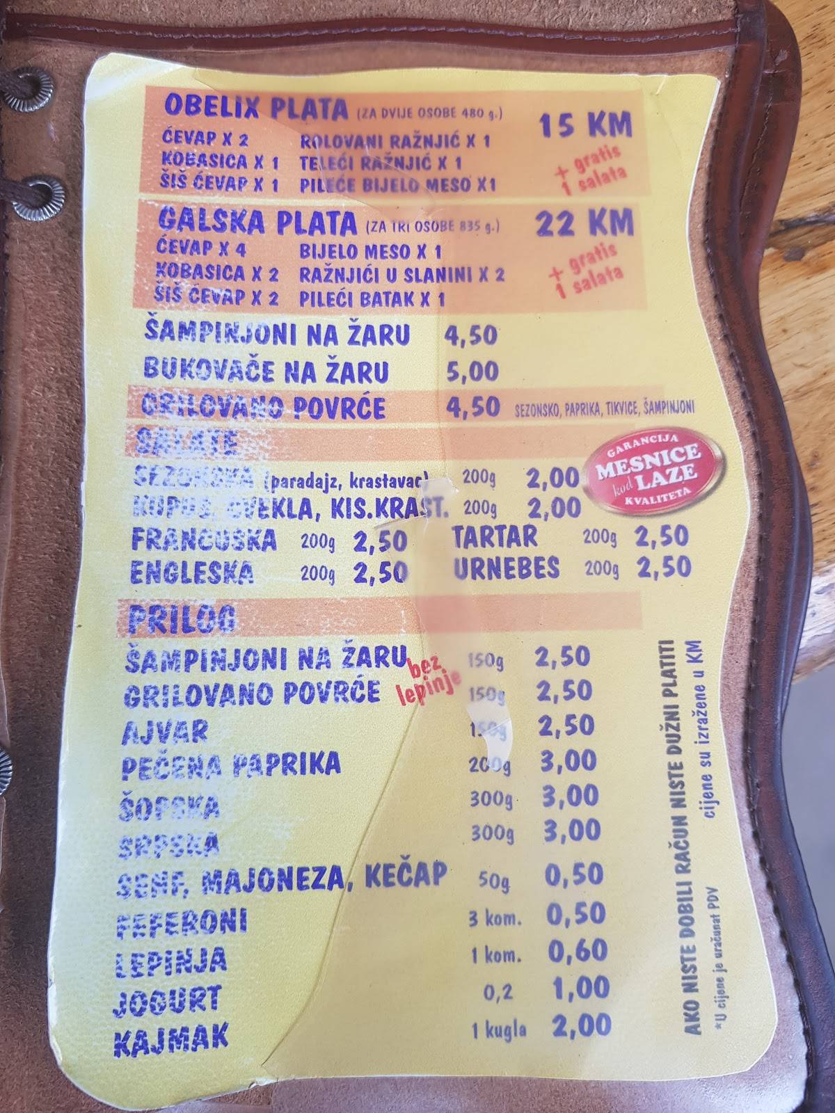 Menu at Obelix restaurant, Banja Luka