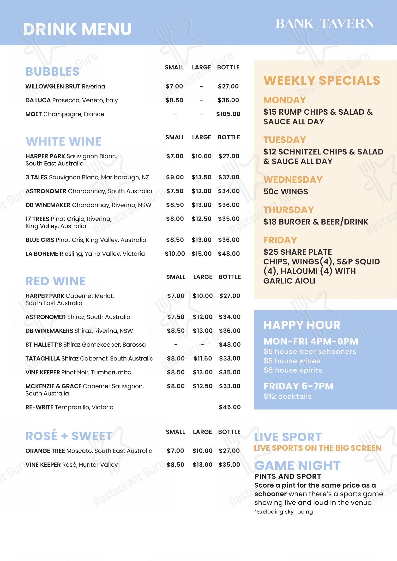 Menu at Bank Tavern pub & bar, Kogarah, 1/3 Belgrave St