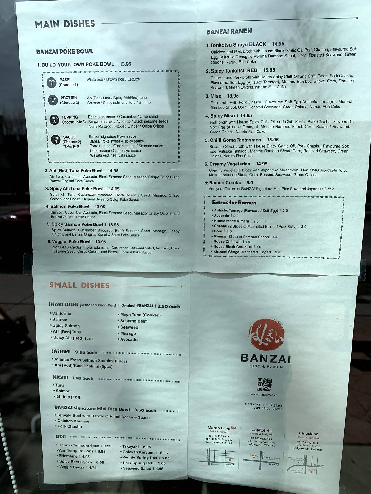 Carta del restaurante Banzai Poke & Ramen, Calgary