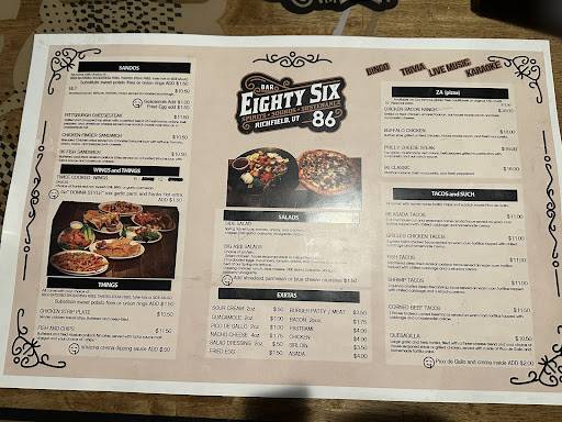 Menu at Bar 86, Richfield