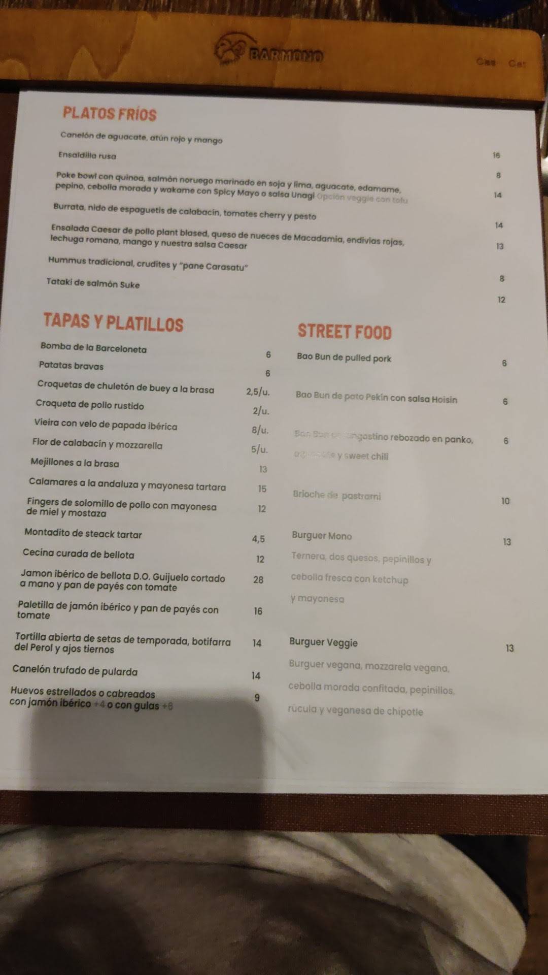 Carta de Bar Mono Barcelona, Barcelona