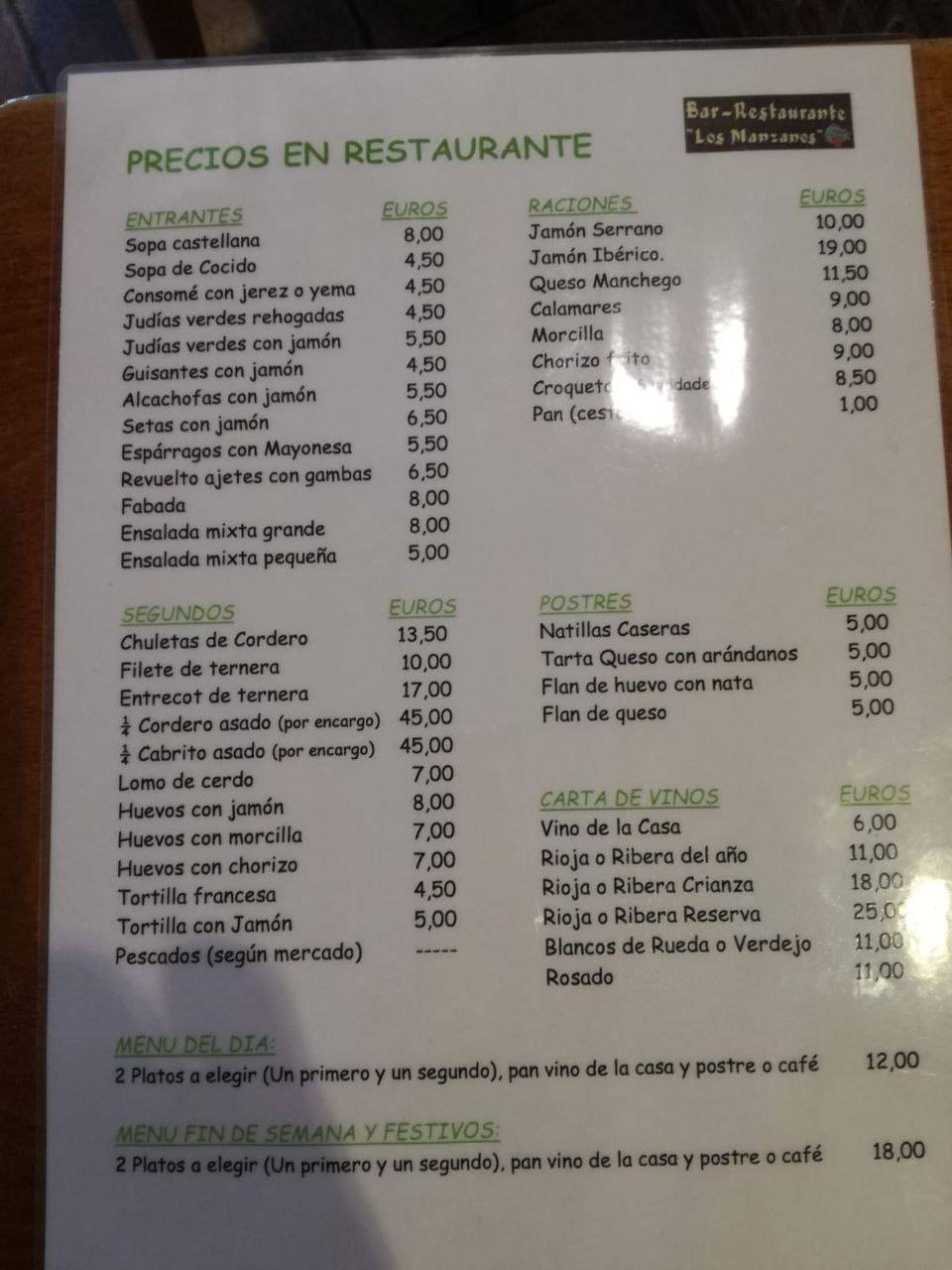 Carta de Bar-Restaurante “Los Manzanos”., Campillejo Carta de Bar-Restaurante “Los Manzanos”., Campillejo