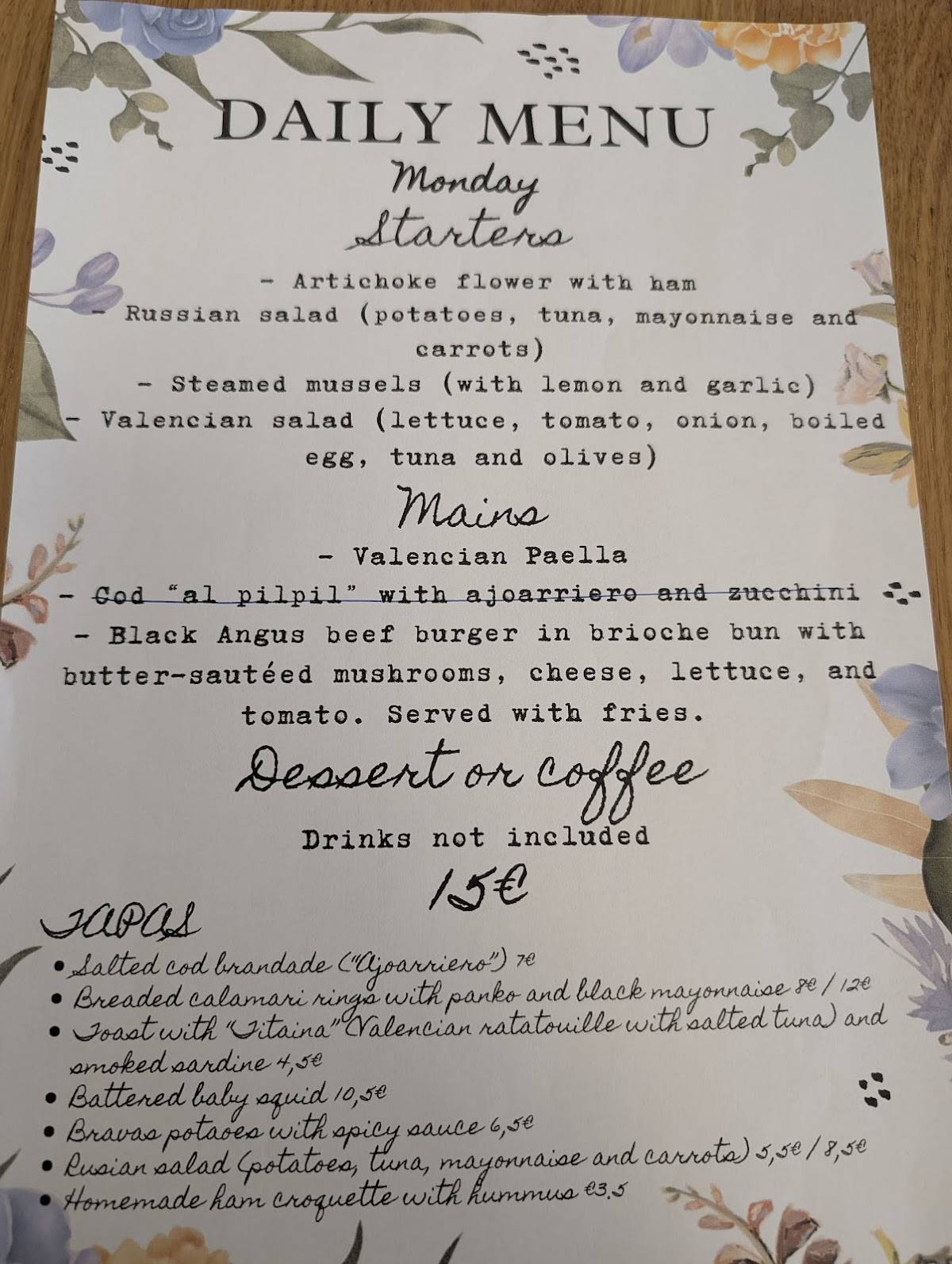 Carta de Bar Restaurante miSitio, Valencia