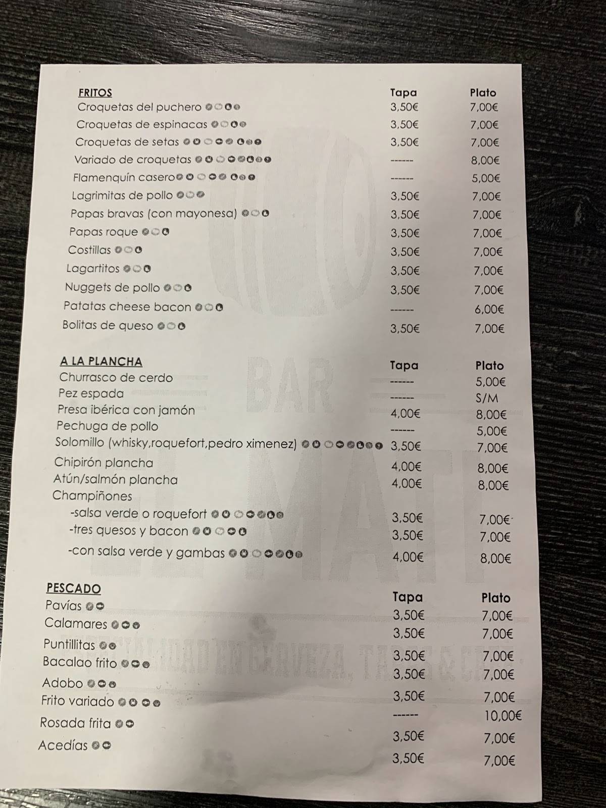 Carta de Bar el mati, El Viso del Alcor