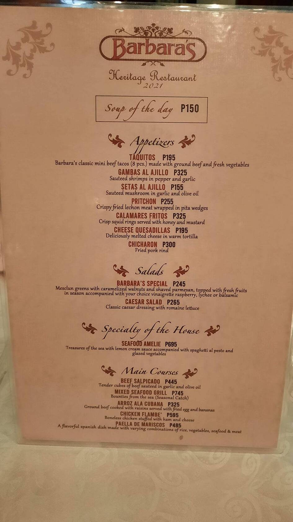 Menu at Barbara's Heritage Restaurant, Manila, Plaza San Luis Complex