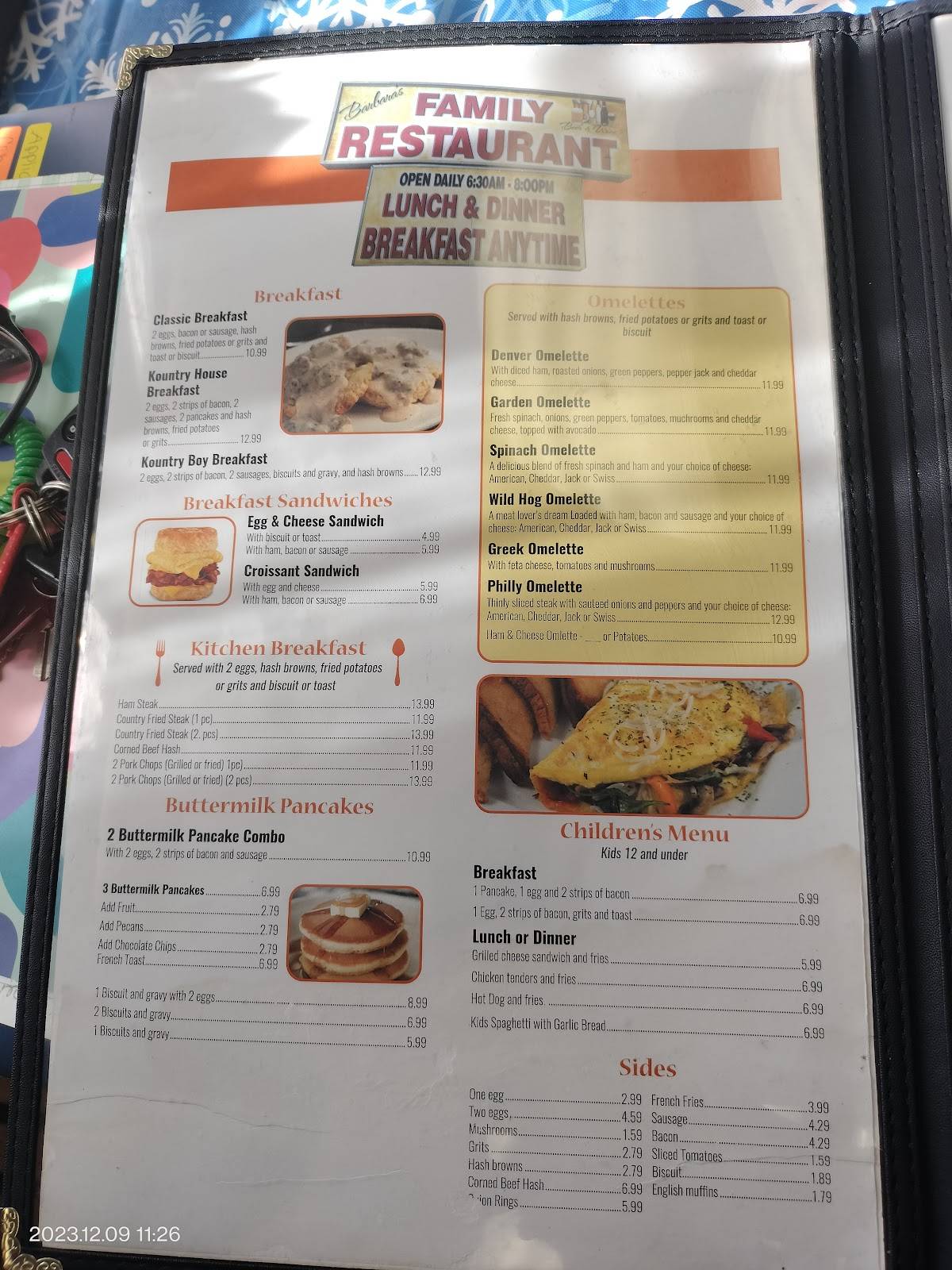 Menu at Barbara's Family Restaurant, Ruskin