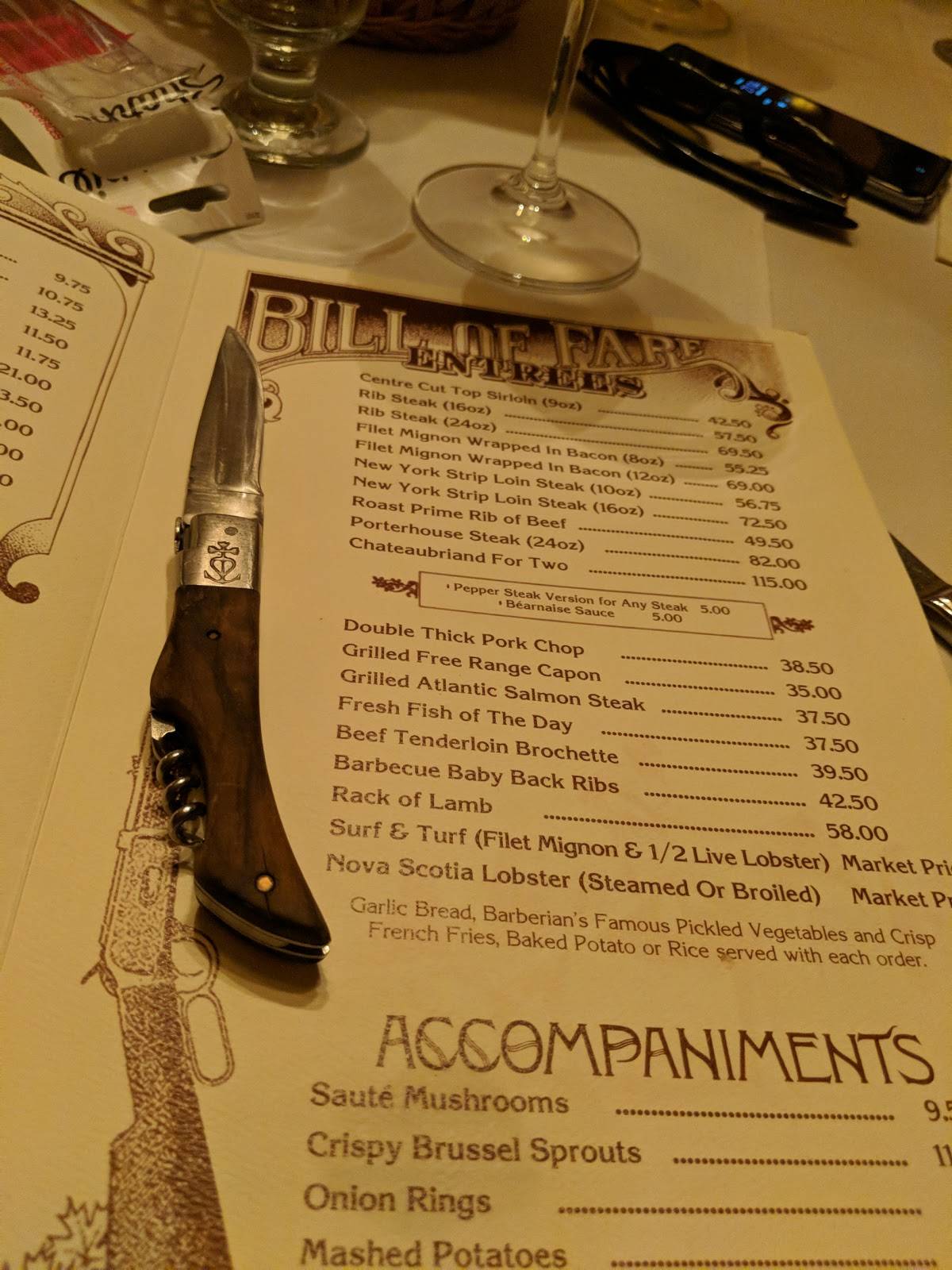 Menu at Barberian's Steak House, Toronto, 7 Elm St