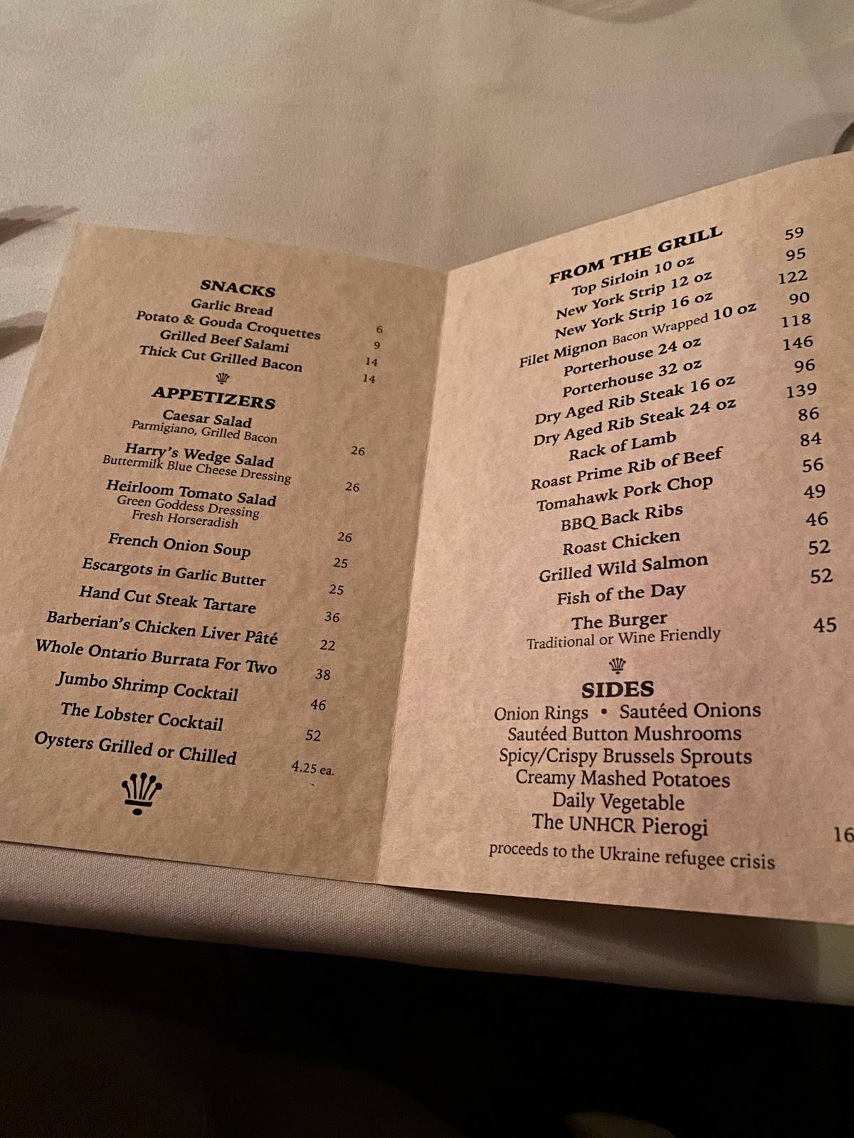 Menu at Barberian's Steak House, Toronto, 7 Elm St