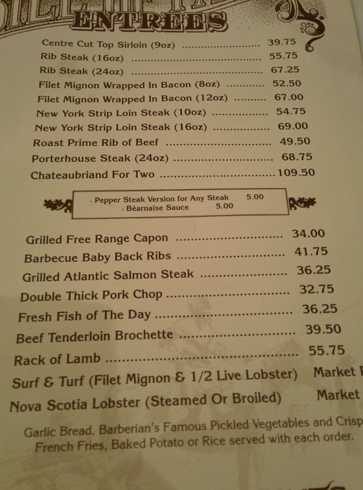 Menu at Barberian's Steak House, Toronto, 7 Elm St