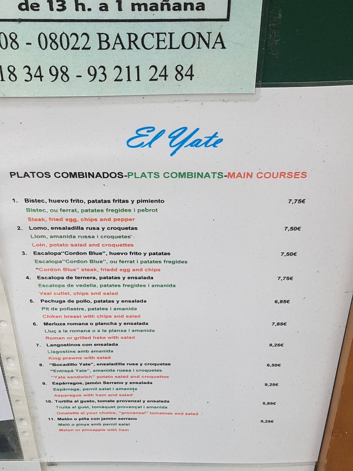 Carta del pub y bar El Yate, Barcelona