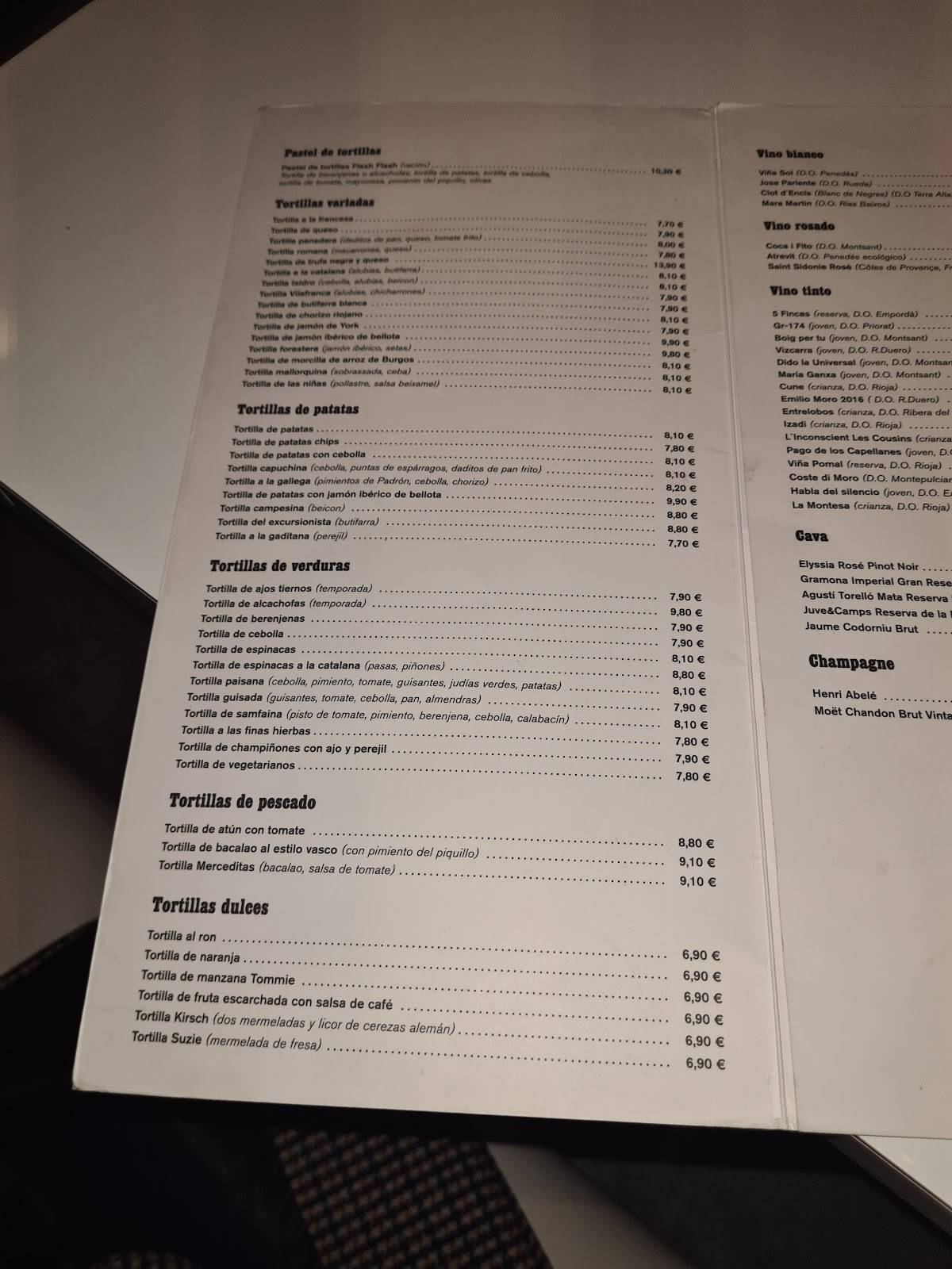 Carta del restaurante Flash Flash, Barcelona