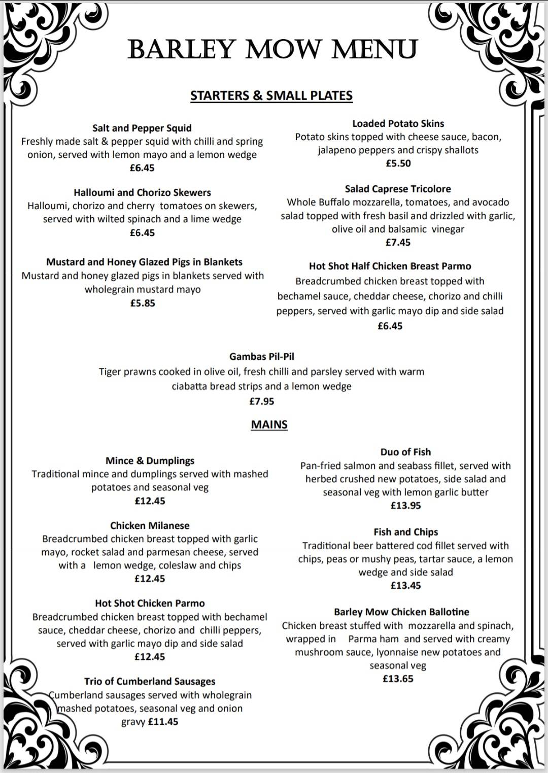 Menu at Barley Mow Inn, Chester-le-Street, Durham Rd