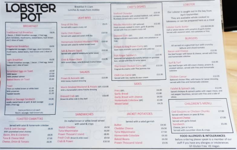 Menu at The Lobster Pot restaurant, Barmouth