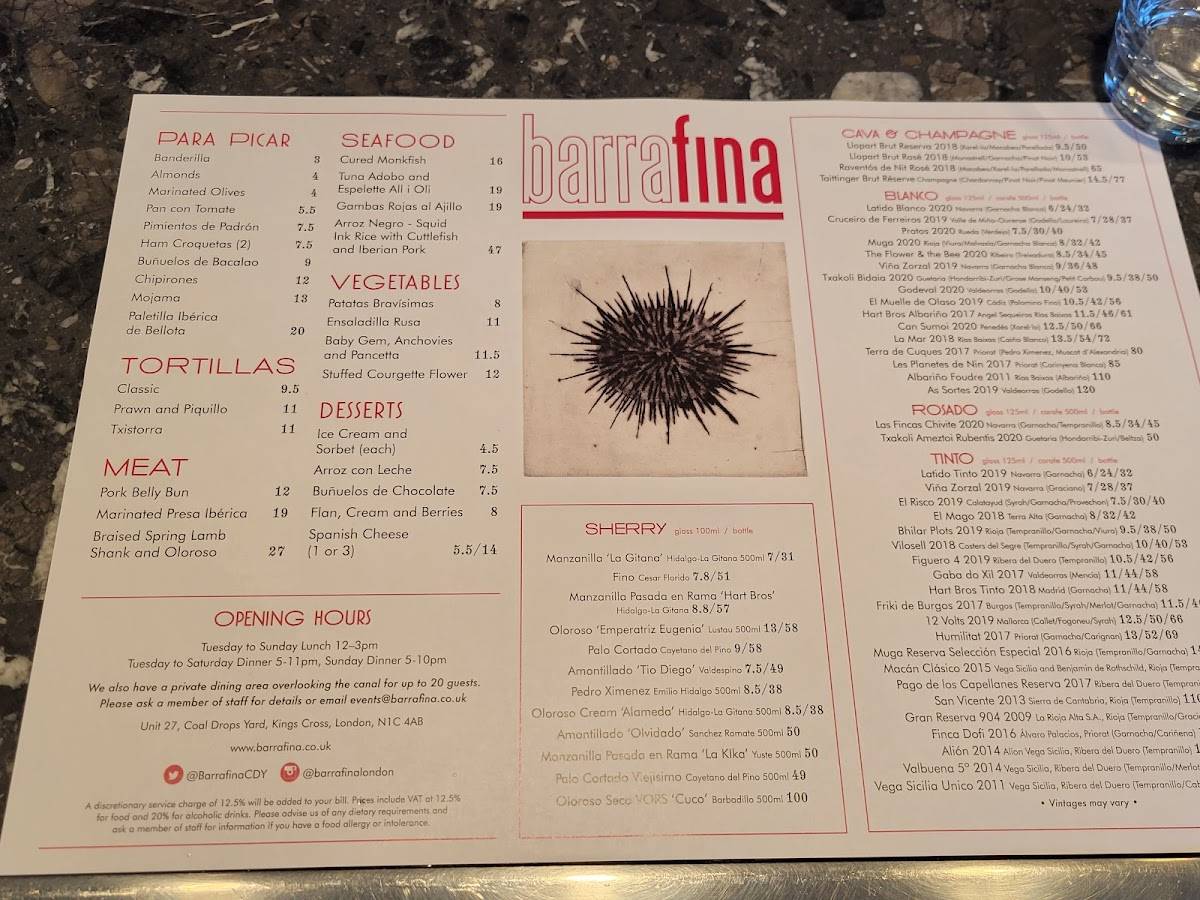 Menu at Barrafina Coal Drops Yard, London, 27 Coal Drops Yard
