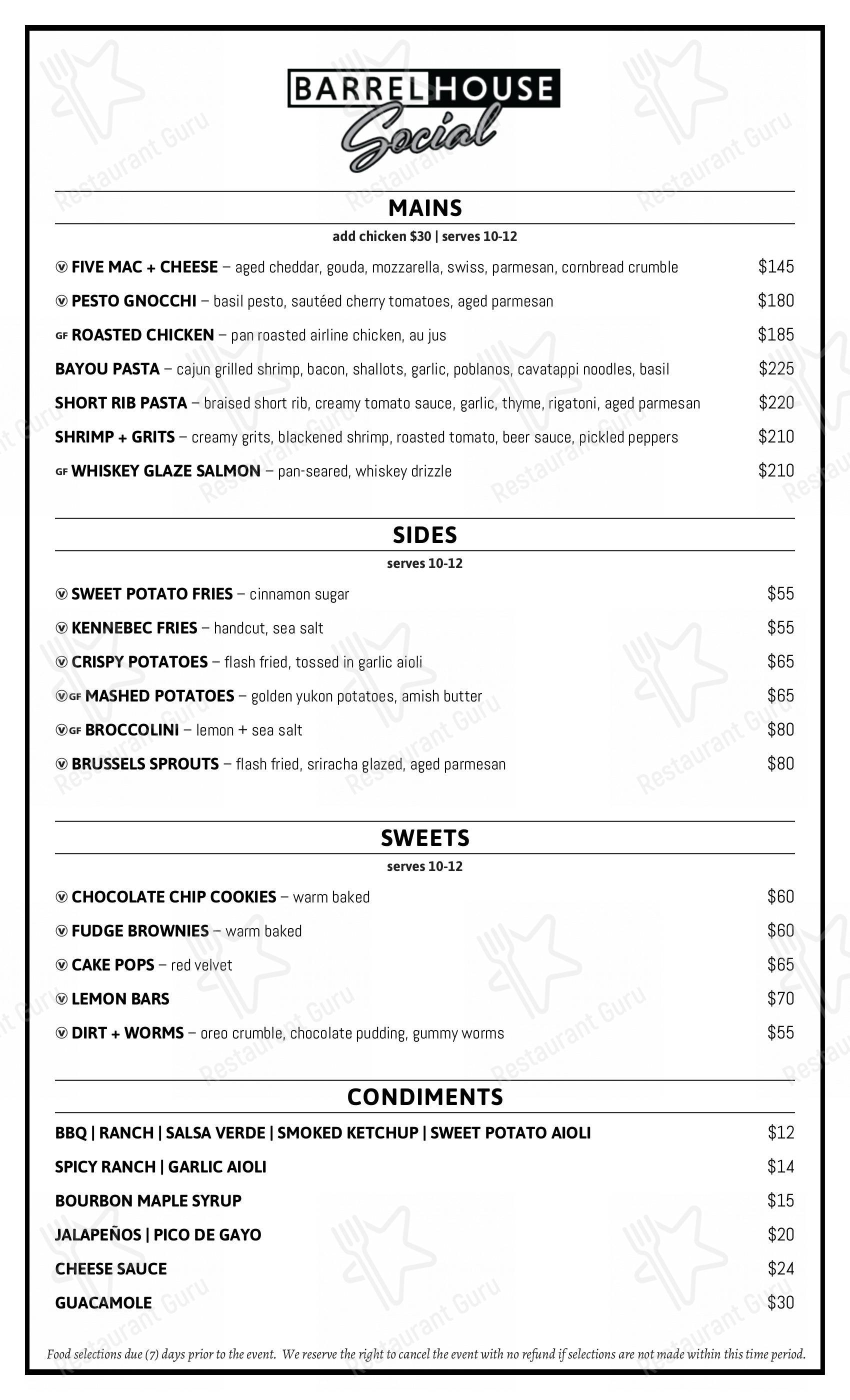 Menu at Barrel House Social, La Grange