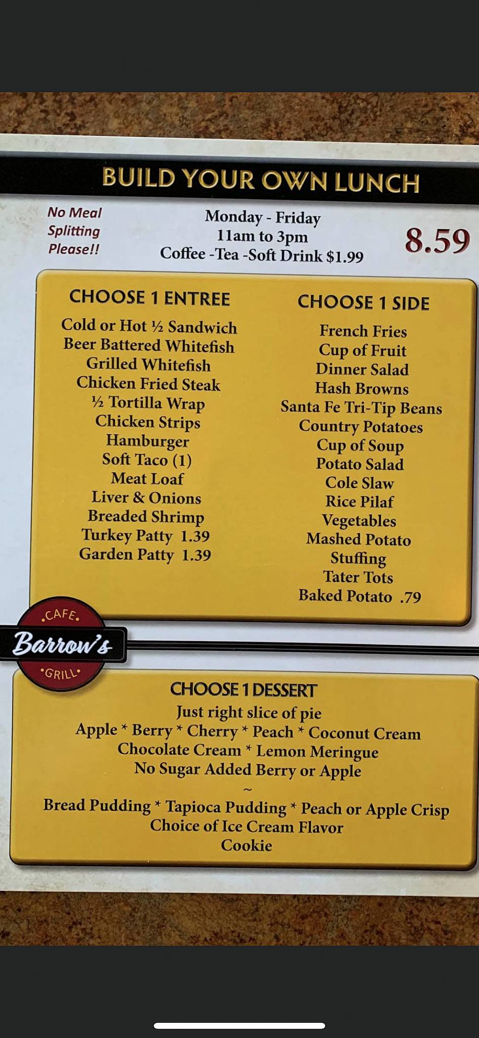 Menu at Barrow’s Cafe & Grill, Sonora