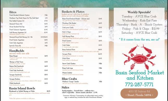 Menu at Basin Seafood Market & Kitchen restaurant, Stuart