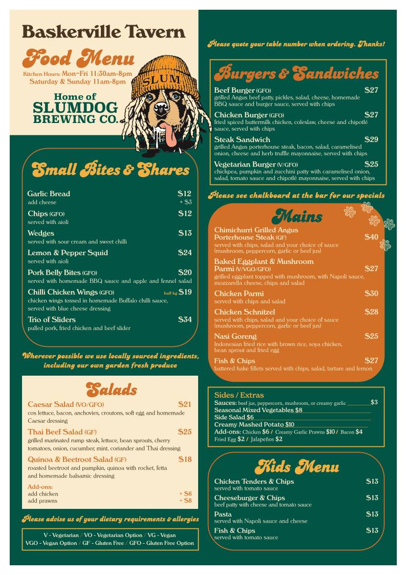 Menu at Baskerville Tavern pub & bar, Baskerville