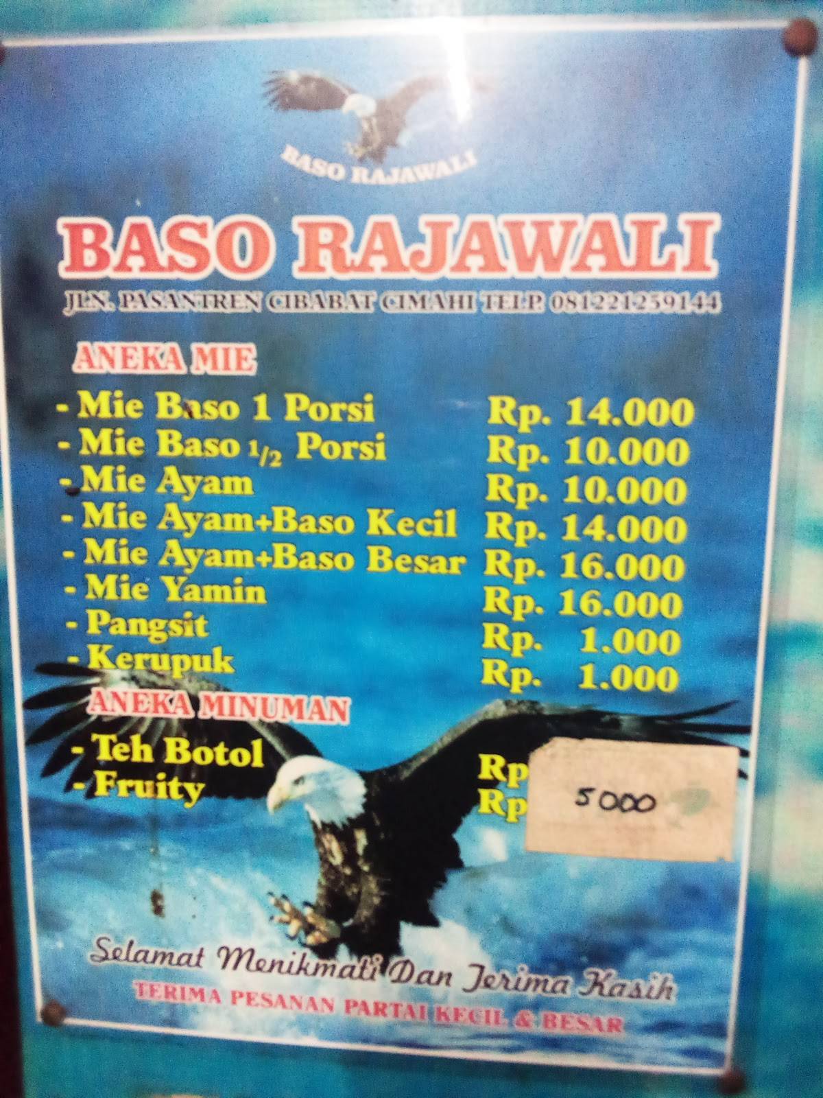Menu at Baso Rajawali restaurant, Cimahi