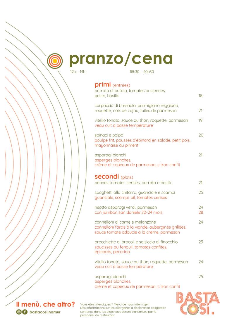 Menu au Basta Così restaurant, Namur