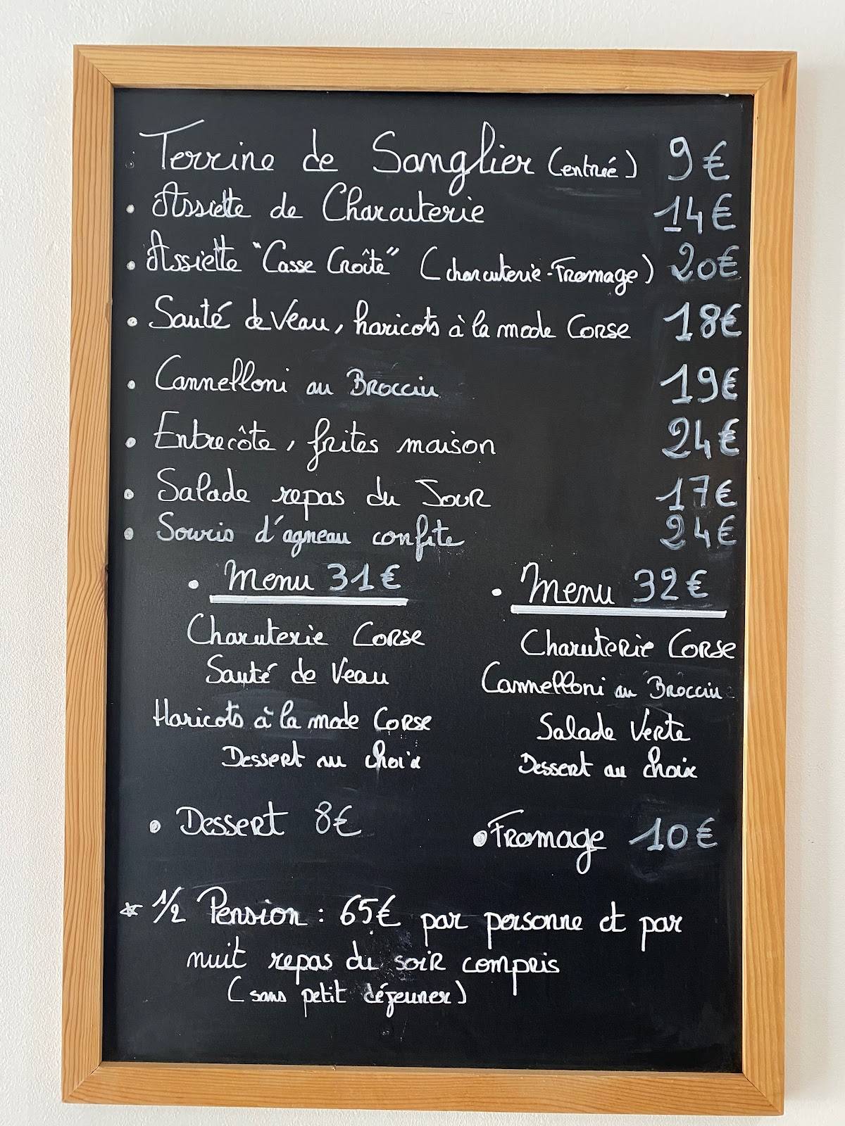 Menu at Chez Paul restaurant, Bastelica