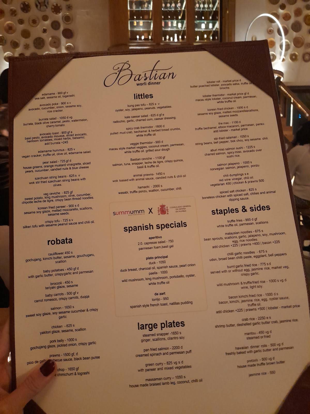 Menu at Bastian, Worli, Mumbai