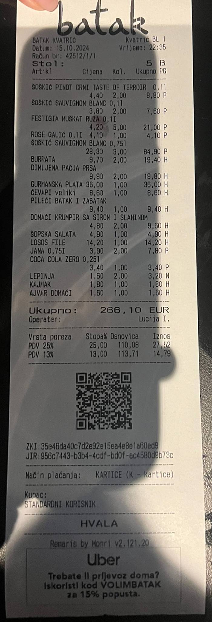 Menu at Batak Kvatrić restaurant, Zagreb, Ul. Jakova Gotovca 1