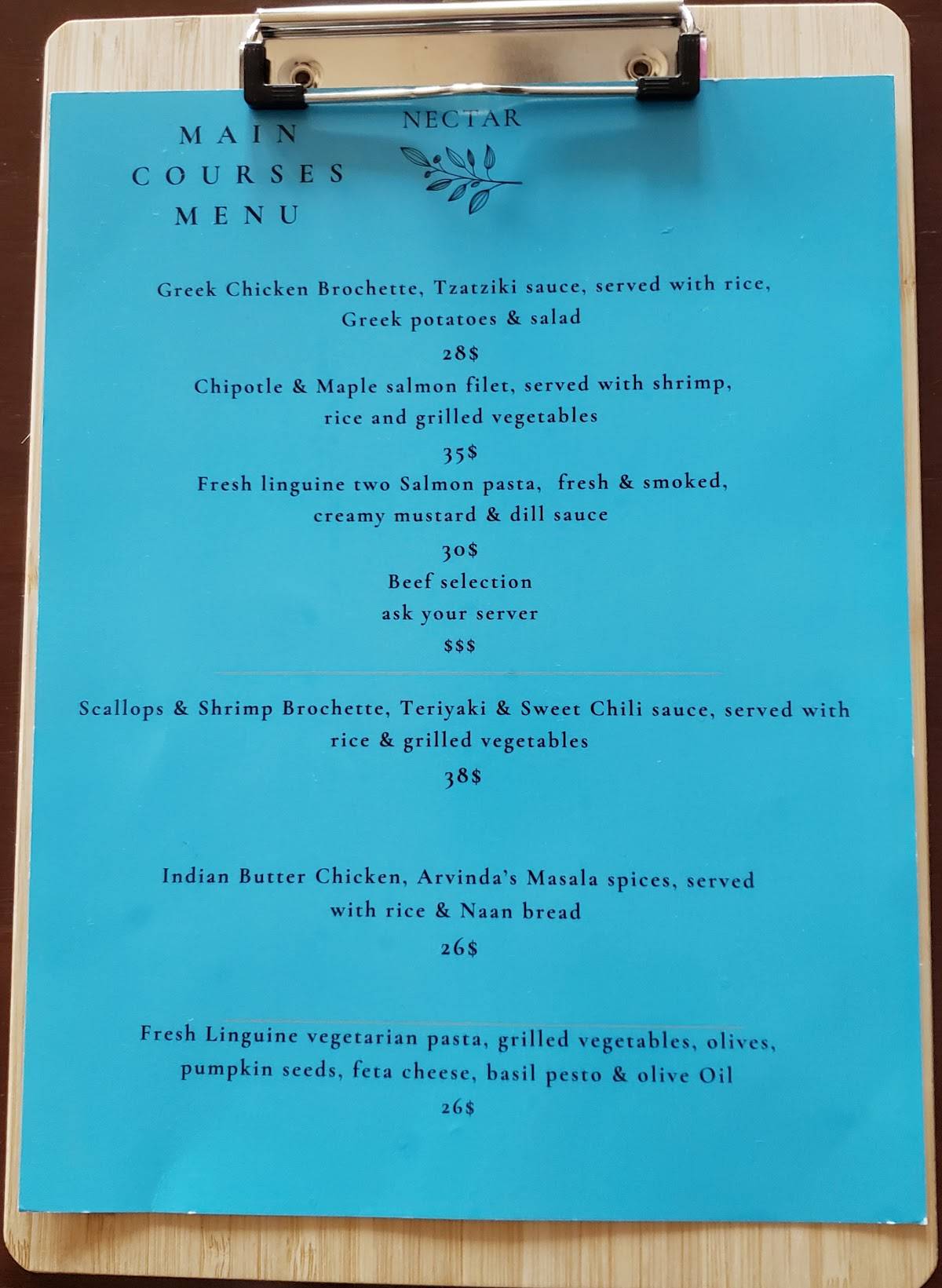 Menu at Nectar restaurant, Bathurst