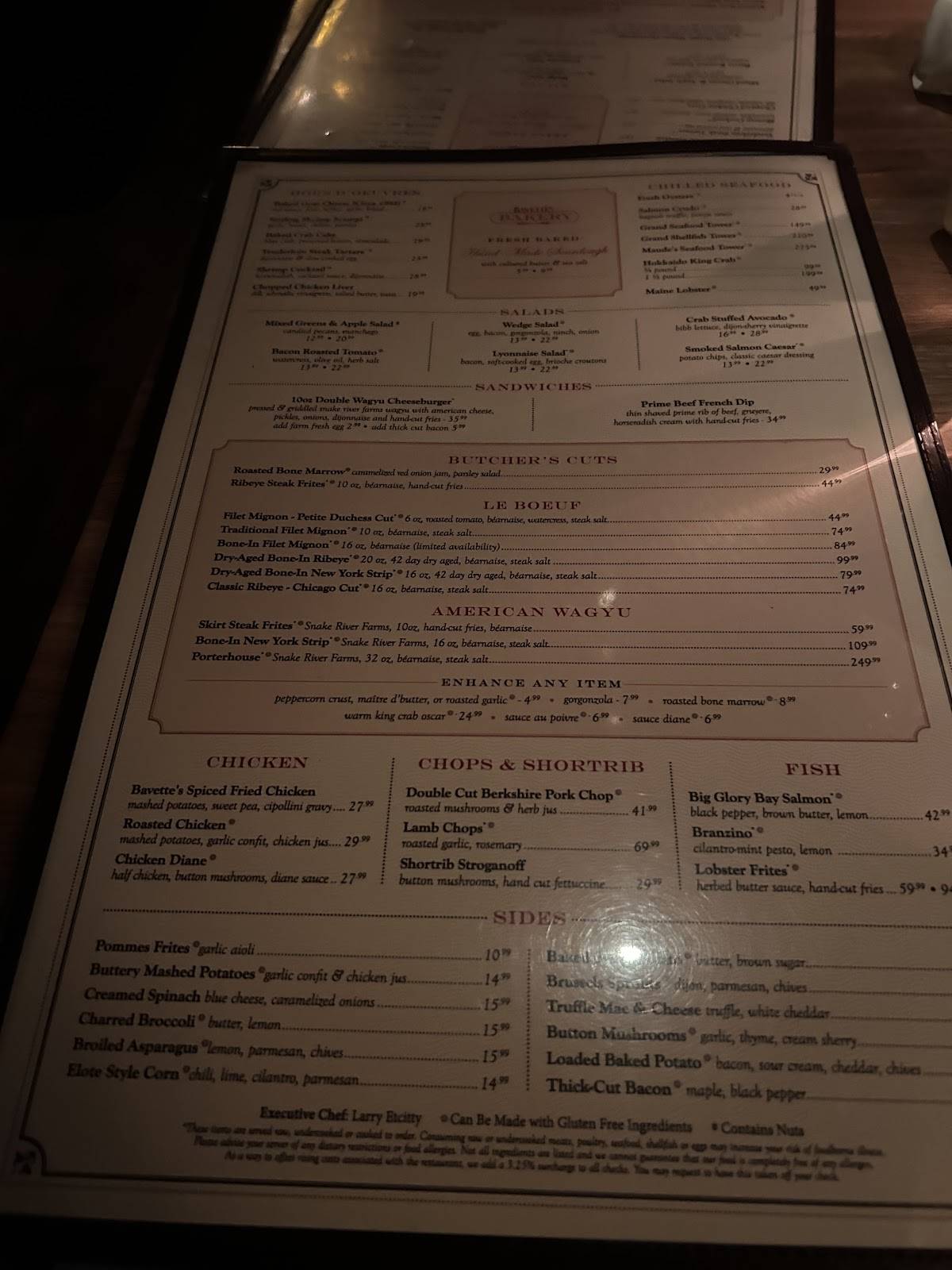 Menu at Bavette's Bar & Boeuf, Chicago